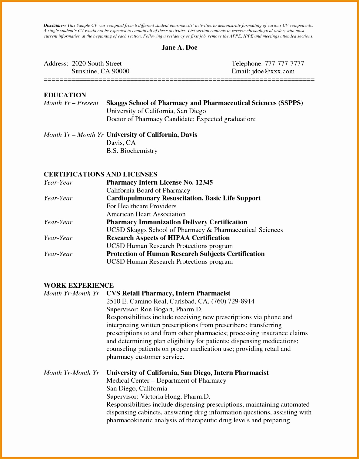 Cv Template For Pharmacy Student Cv Template For Pharmacy Student