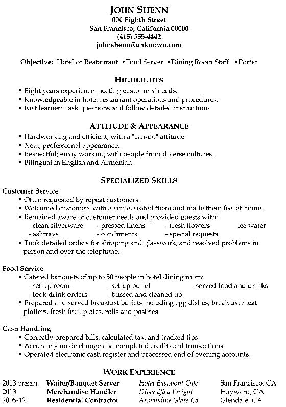 Resume For Food Server