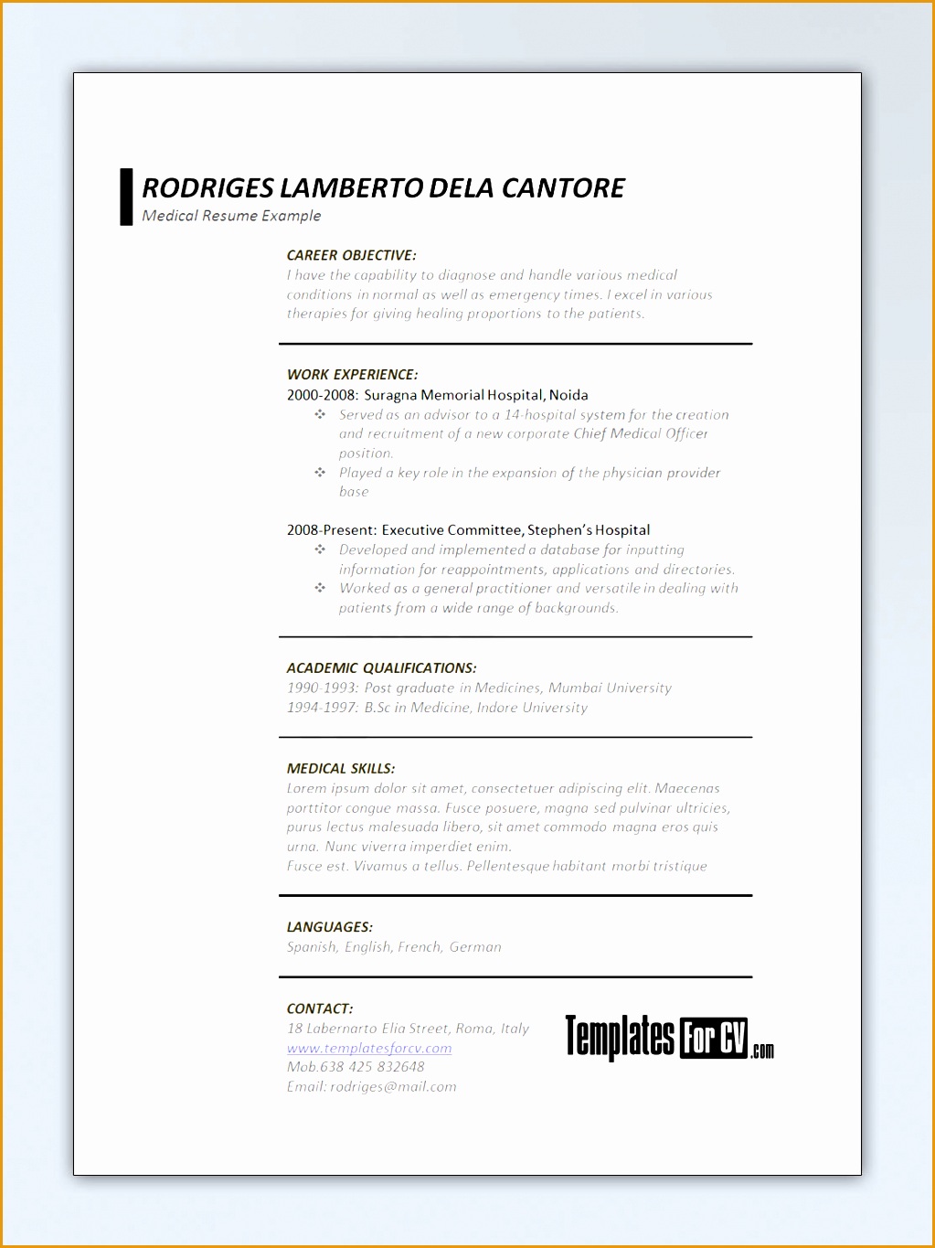 8 Curriculum Vitae Medical Doctor Free Samples Examples Format